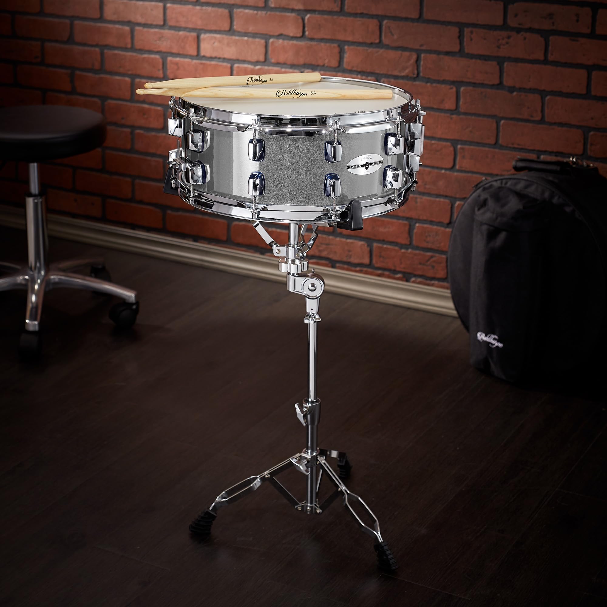 Ashthorpe Snare Drum Set with Remo Head (Silver) - Student Beginner Kit with Stand, Padded Gig Bag, Practice Pad, Neck Strap, and Sticks