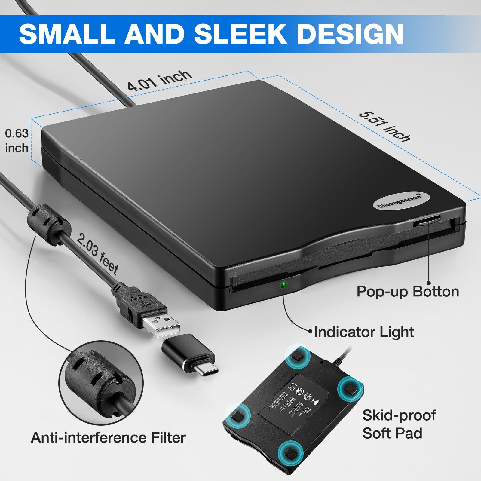 Chuanganzhuo Floppy Disk Reader, 3.5 inch External USB Type C Floppy Disk Drive for PC, Laptop and Desktop Compatible with Windows 11/10/8/7/2000/XP, Black, Frosted Texture