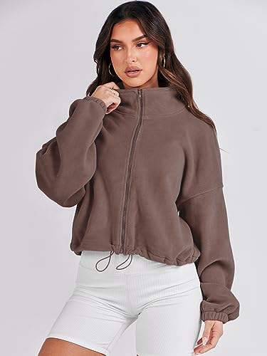 ANRABESS Jacket for Women Full Zip Oversized Fleece Crop Sherpa Coat Long Sleeve Drop Shoulder Stand Collar Drawstring Hem Soft Cozy Thick Trendy Winter Tops Outfits 1097qianzong-L