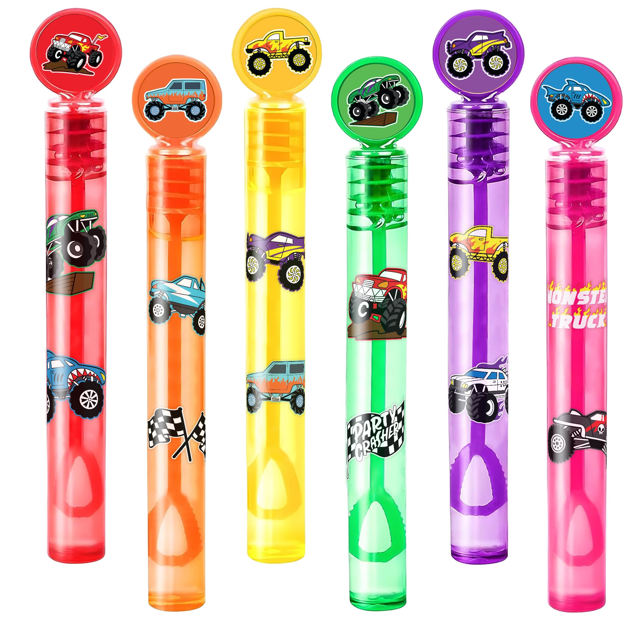 24PCS Monster Truck DIY Bubble Wands Party Favors 96PCS Stickers for Goodie Bag Fillers Pinata Stuffers, Mini Bubble Bulk Birthday Party Supplies Toys Gifts Class Prizes Toddlers Boys Girls