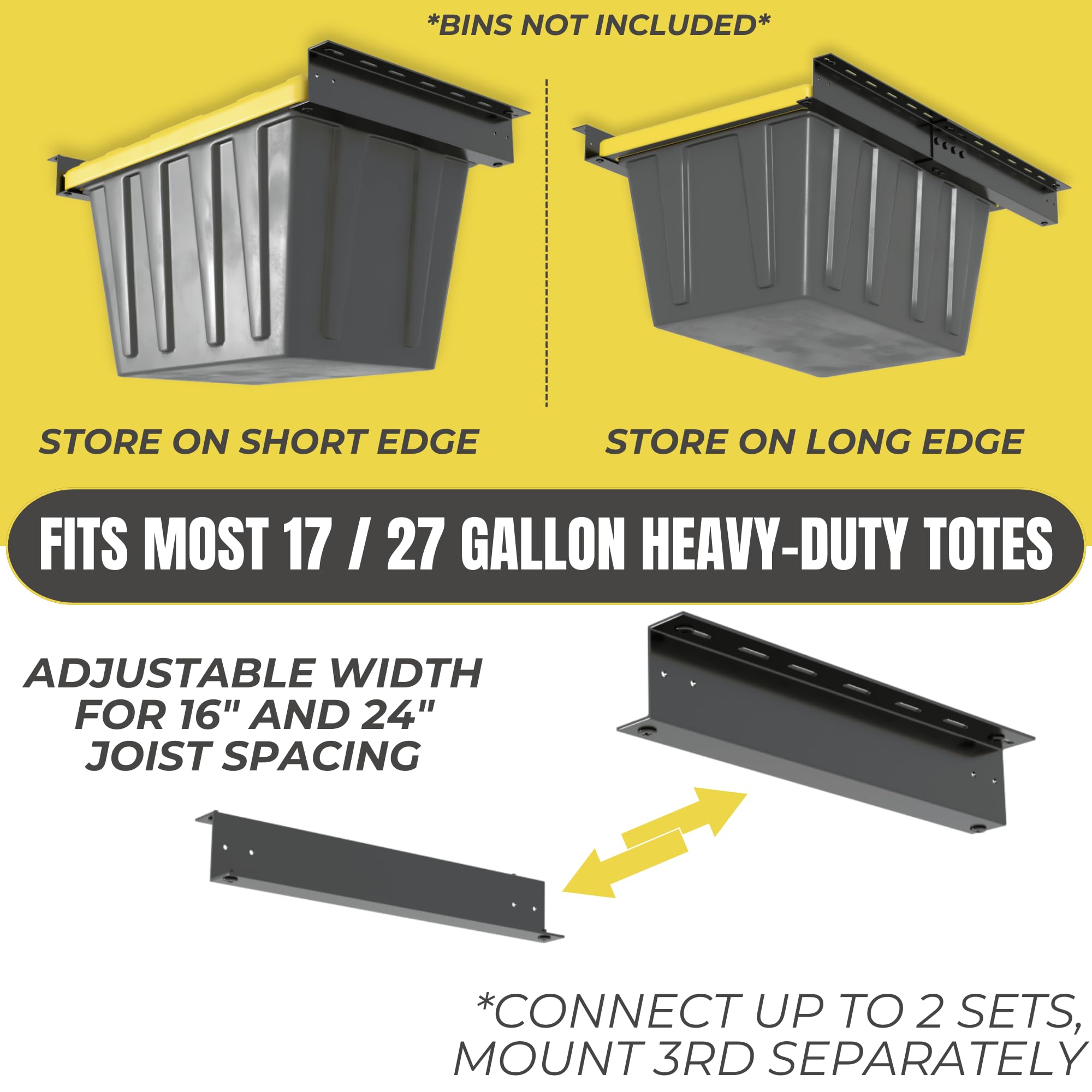 Amerito Overhead Garage Storage Rack for Tote Bins - Organization System for 3 Containers - Adjustable Ceiling Mount Rails - Supports Heavy-Duty 17/27 Gallon Bins - Alloy Steel (3 Sets)
