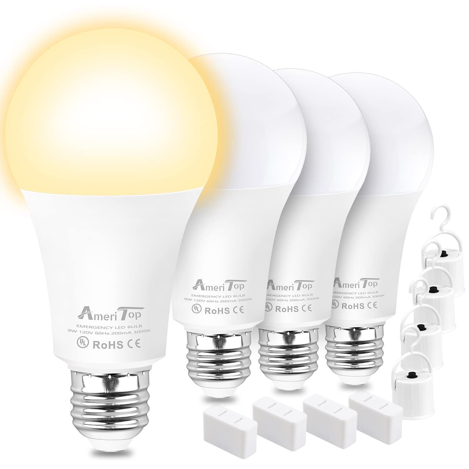 AmeriTop Rechargeable Emergency LED Light Bulb - 2 Pack A19 Battery LED Bulbs for Power Outage Camping Outdoor Activity Hurricane 850 Lm 9W 60W Equivalent E26 Base Lighting Bulb (3000K Warm White)