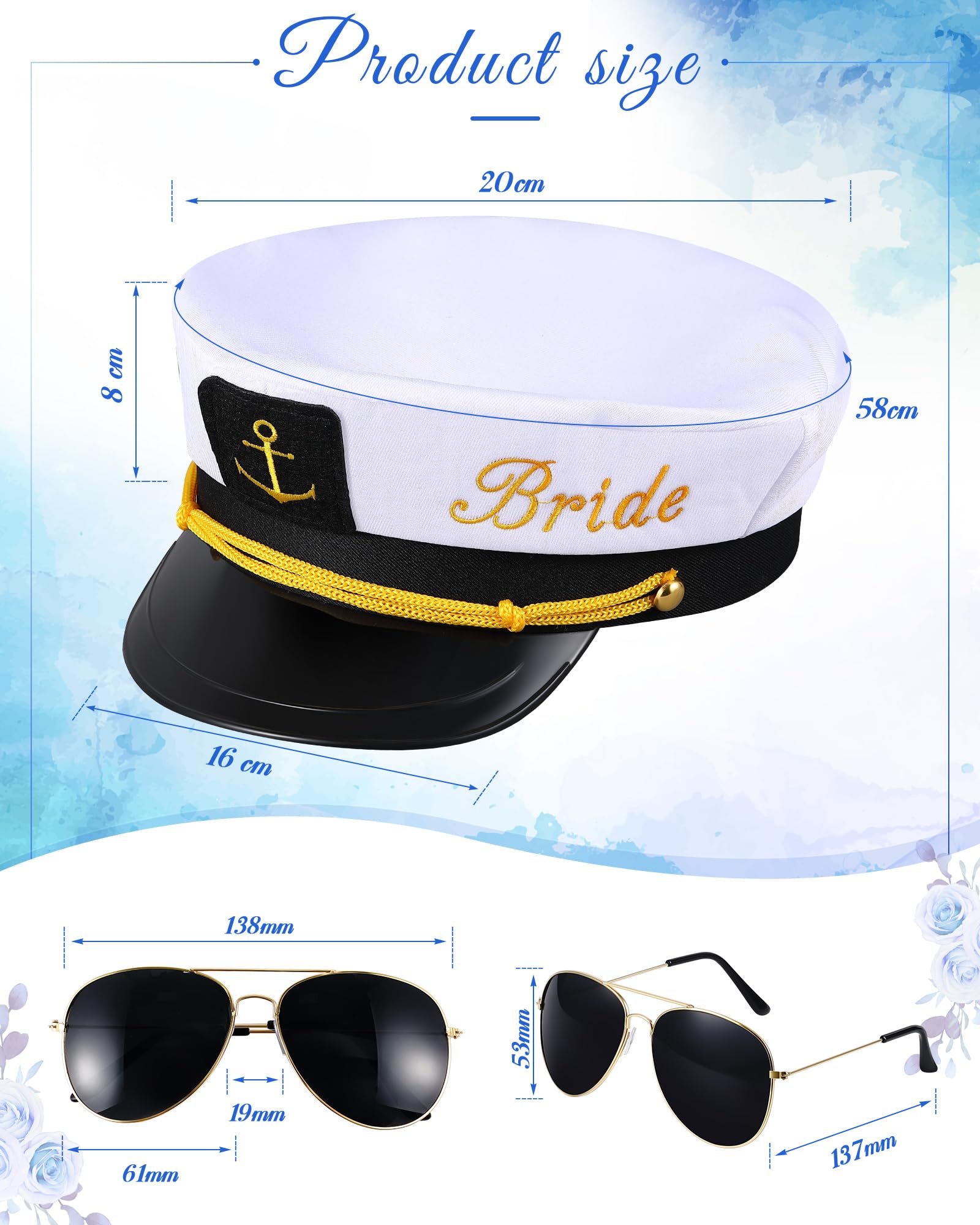 Mepase 4 Pcs Bride Groom Captain Hats and Sunglasses Set Bachelorette Party Hats Captain Hat for Wedding Bridal Shower Honeymoon