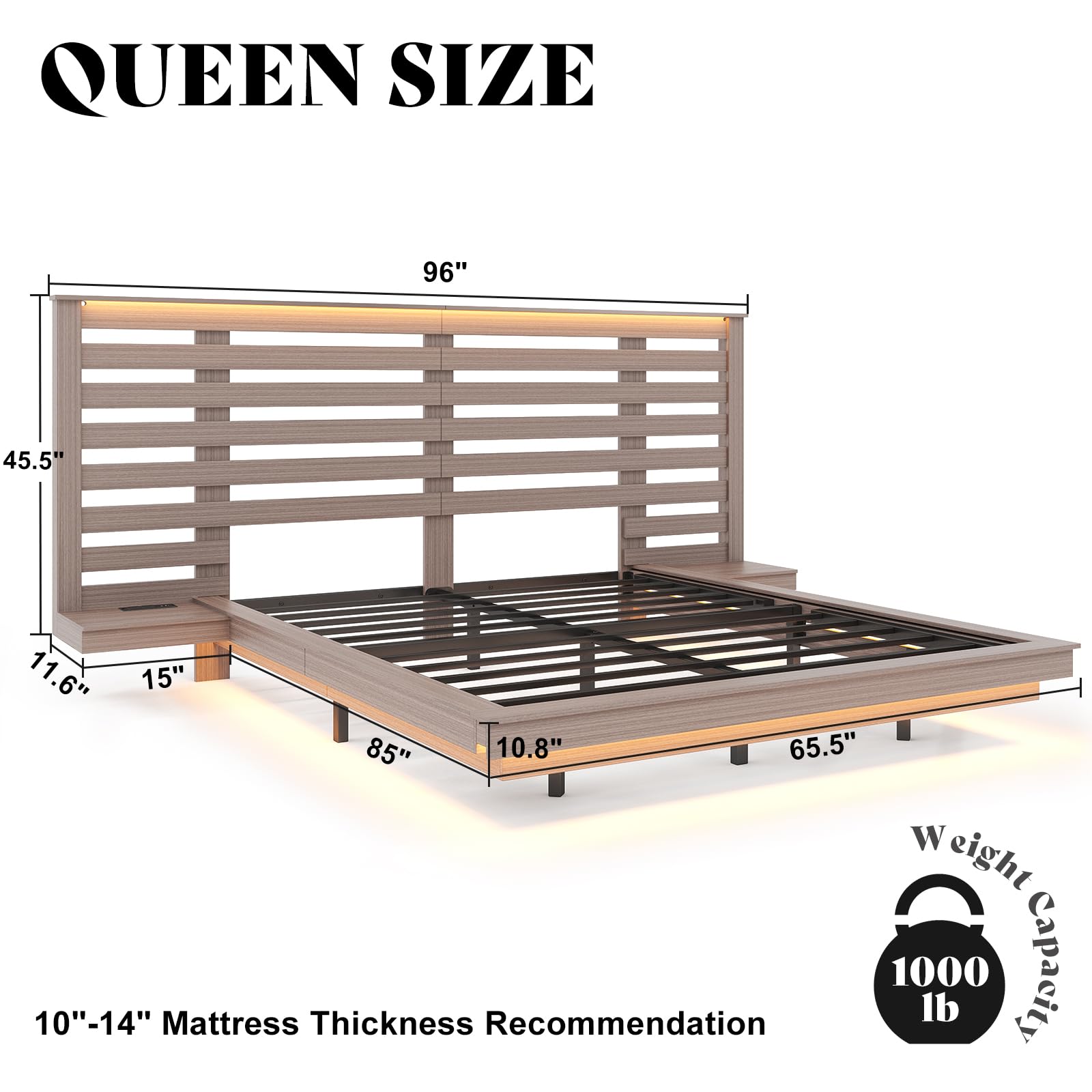 AMERLIFE Farmhouse Queen Floating Bed Frame with 96" Extended Headboard & Bedside Storage Shelf, Wood Platform Bed with LED Lights & Charging Station, No Box Spring Needed/Noise Free Taupe
