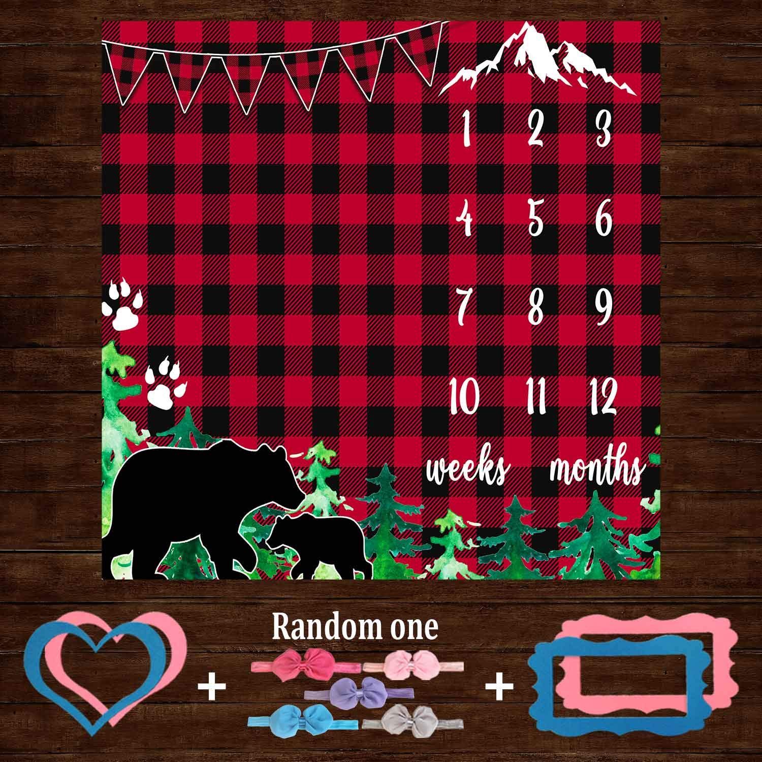 PHMOJEN Red Buffalo Plaid Milestone Blanket for Baby Boy, Rustic Hunter Theme Woodland Bear Age Blanket for Nursery, Lumberjack Baby Shower Backdrop, 1-12 Months, Includes Marks 40"x40" BTLSPH254