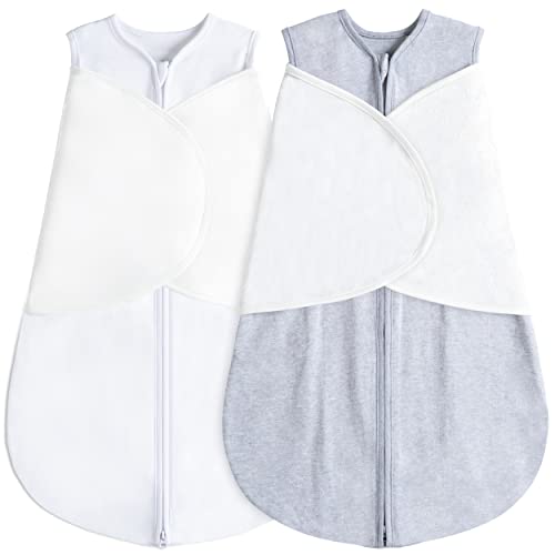 BSTOPPT 100% Cotton Newborn Sleep Sack Swaddle,0-6 Months,3-Way Adjustable Wearable Blanket,TOG 0.5,2 Pack (Grey & White)
