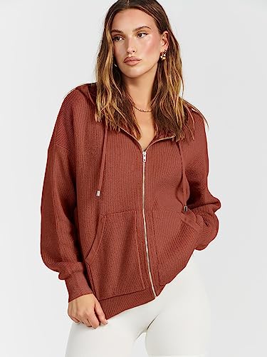 ANRABESS Women's Sweater Hoodies 2023 Fall Oversized Full Zip Up Jackets Long Sleeve Crewneck Sweatshirt Casual Loose Ribbed Knit Pullover Top with Pocket 791xiuhong-L Rust