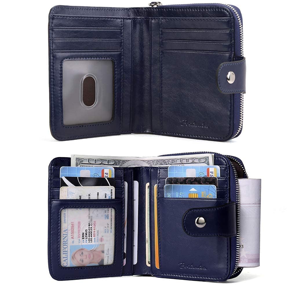 BOSTANTEN Women's Leather Designer Handbags Tote Purses Shoulder Bucket Bag Navy Blue Bundle with Leather Wallets for Women RFID Blocking Zipper Pocket Small Bifold Wallet Card Case