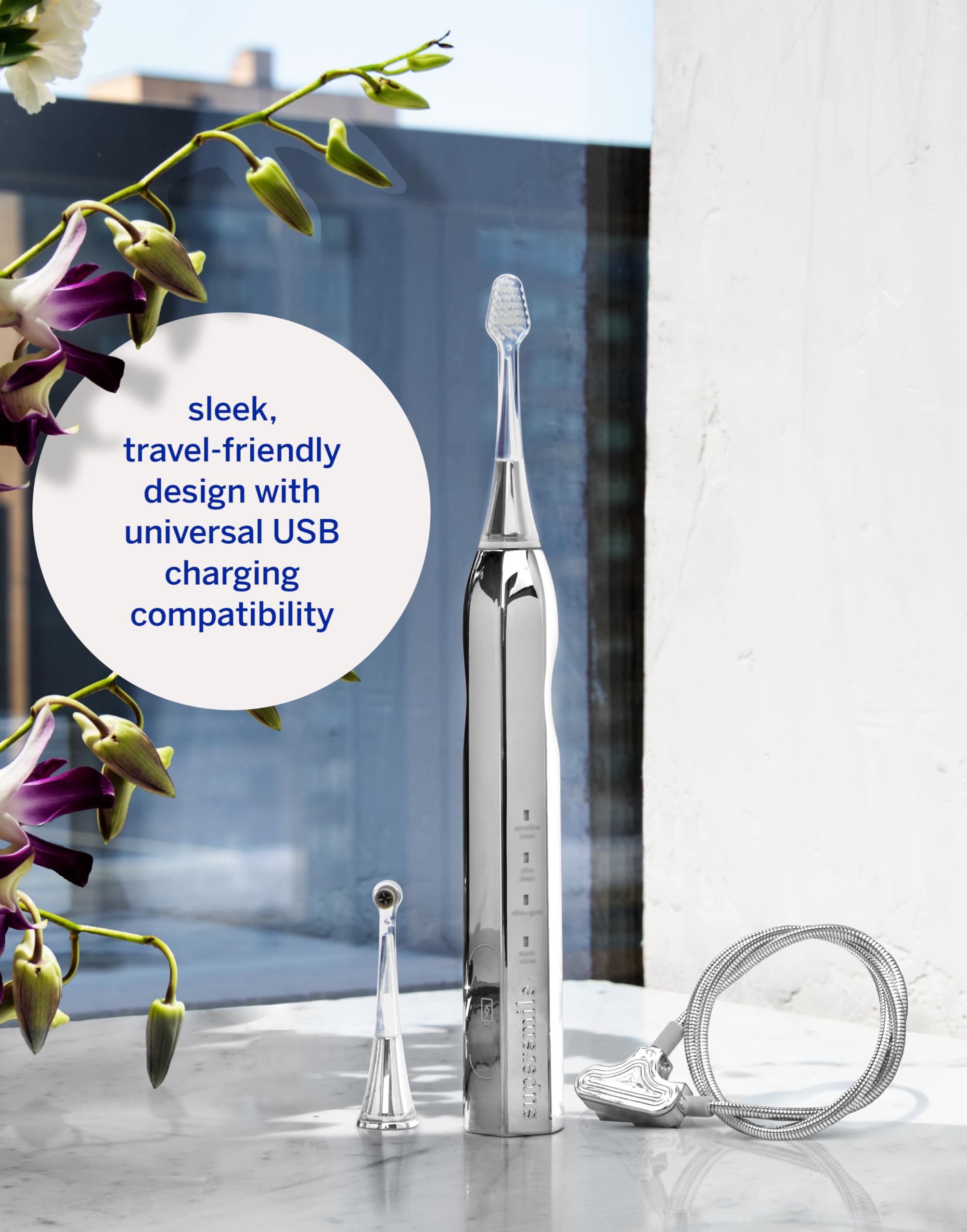 Supersmile Zina45 Deluxe Sonic Pulse Electric Toothbrush, Rechargeable Whitening Tooth Brush, Silver