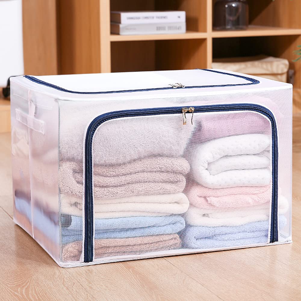 BESTUNIHOM PVC Clear Storage Box,Waterproof Storage Closet Organizers Office Storage Bins Double-way Zippers, Pack of 2 Blue 80L SNX-JWB012PBL80
