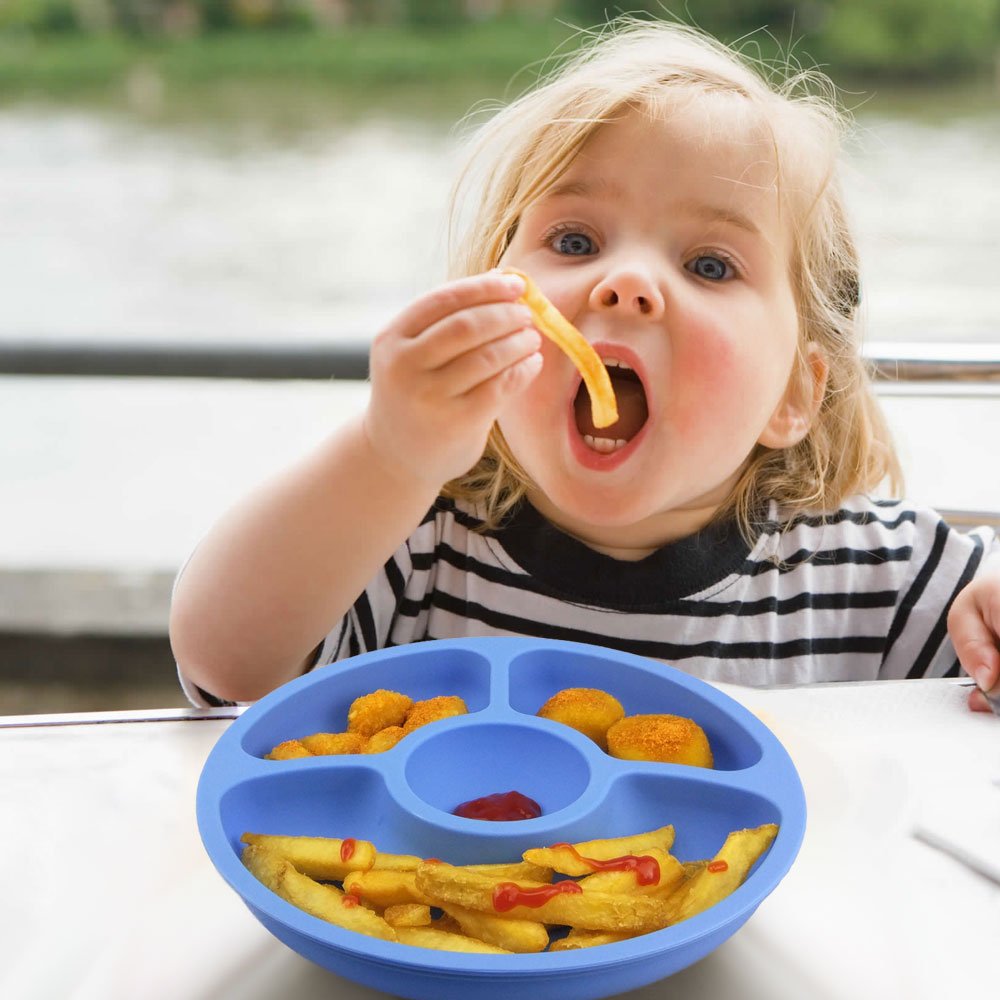 SILIVO 4 Pack Toddler Plates, Divided Plates for Adults and Kids - Silicone Sectional Serving Platters,Snack Serving Dishes for Parties