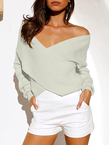 ANRABESS Women’s 2022 Fall Fashion Long Sleeve Off Shoulder Crissover V Neck Knit Cropped Sweater Top 641qianhui-S Gray