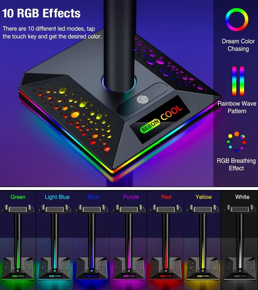 EUROA Headphone Stand Gaming Desk Headset Stand Holder with 10 RGB Lights, Head Set Desk Hook Gift Accessories for Gamer, Backpack Gaming Headpones Stand with 2 USB Charing Ports