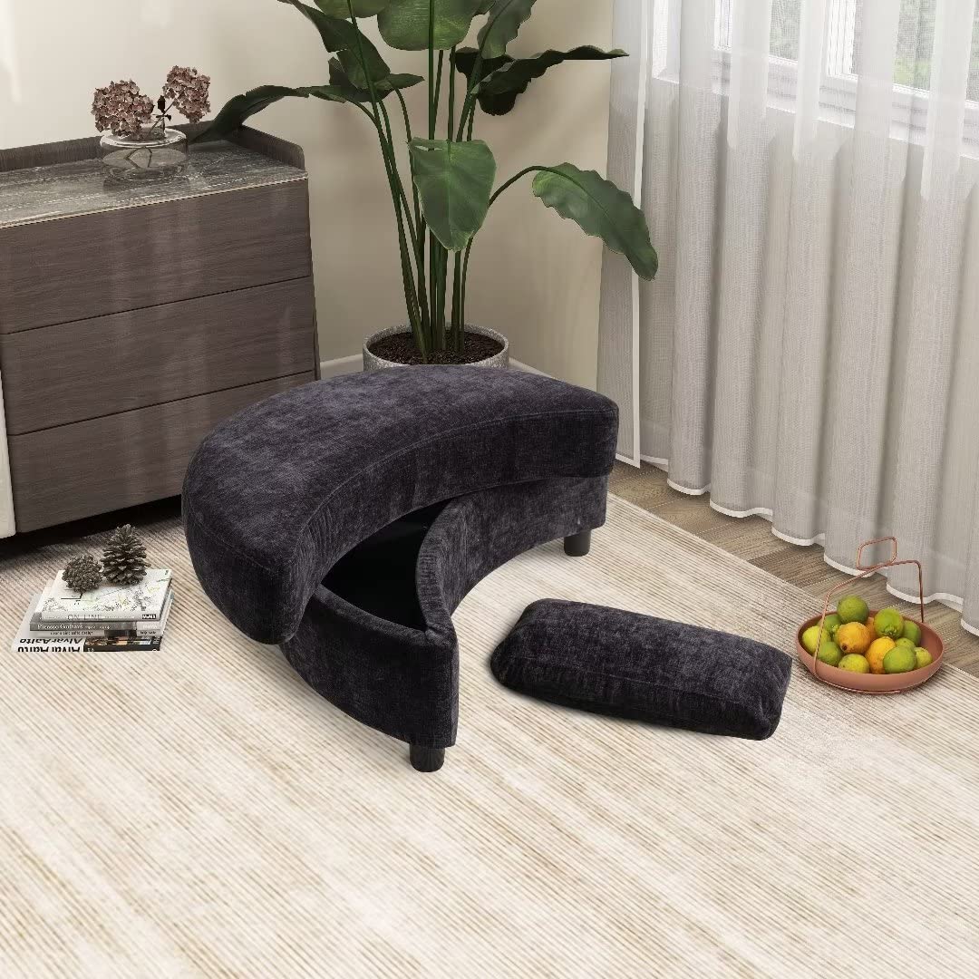 32.7" Half Crescent Moon Storage Bench, Chenille Upholstered Large Ottoman with Tray & Padded Seat, Side Table Dressing Shoe Bench Foot Rest for Living Room, Bedroom, Entryway, Hallway, Black