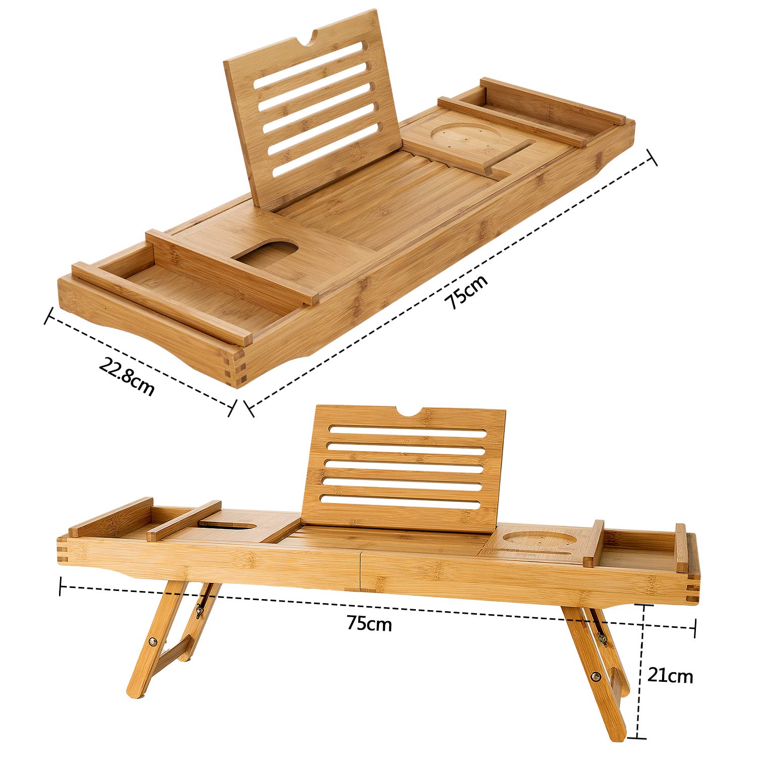 HBlife Bamboo Bathtub Caddy Tray with Extending Sides & Laptop Desk with Foldable Legs,Cellphone Tray and Wineglass Holder,Free Soap Holder (Natural)