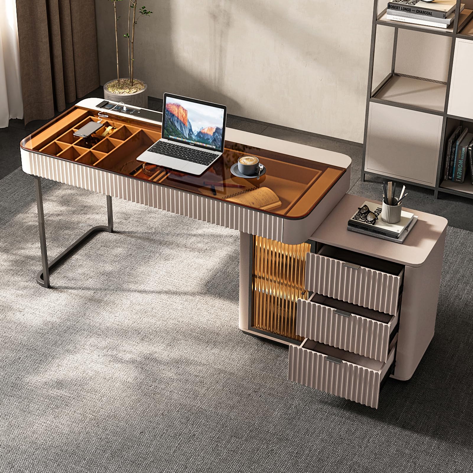 Lartis Office Desk, Very Easy to Assemble,Computer Desk, Home Telescopic Writing Desk, Storage Cabinet Retractable Corner, Built-in LED Lights, Five Large Storage Drawers, compartmentalized Storage
