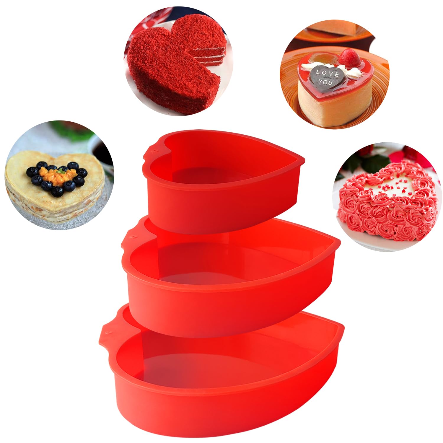 3 Pcs Cake Silicone Molds,Heart Shape Silicone Mold for Baking Homemade Dining,Reusable Silicone Fondant Mold Rainbow Mousse Cake Molds Cake Pan Air fryer Silicone Liners(8 In&6In&4In)