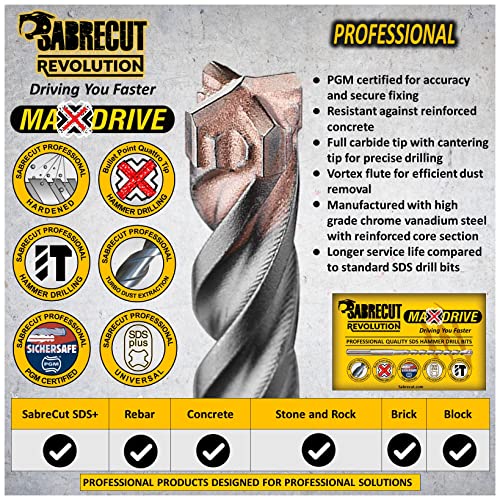 5 x SabreCut QSCK5A 13/64" 7/32" 15/64" 9/32" 5/16" x 6 19/64" Length Quattro PGM Approved Full Carbide 4 Cutter Tip Vortex Flute SDS Plus Drill Bit Mix Kit For Stone Concrete Brick Block