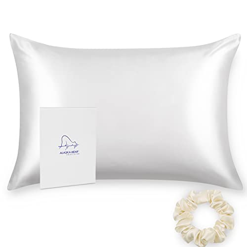ALASKA BEAR Silk Pillowcase Cover for Hair and Skin, 100% Mulberry Silk Pillow Cases Queen Size for Bliss Sleep with Random Scrunchy Gift Set Better Than Poly Satin, Zipper Closure, 1pc, Cool White
