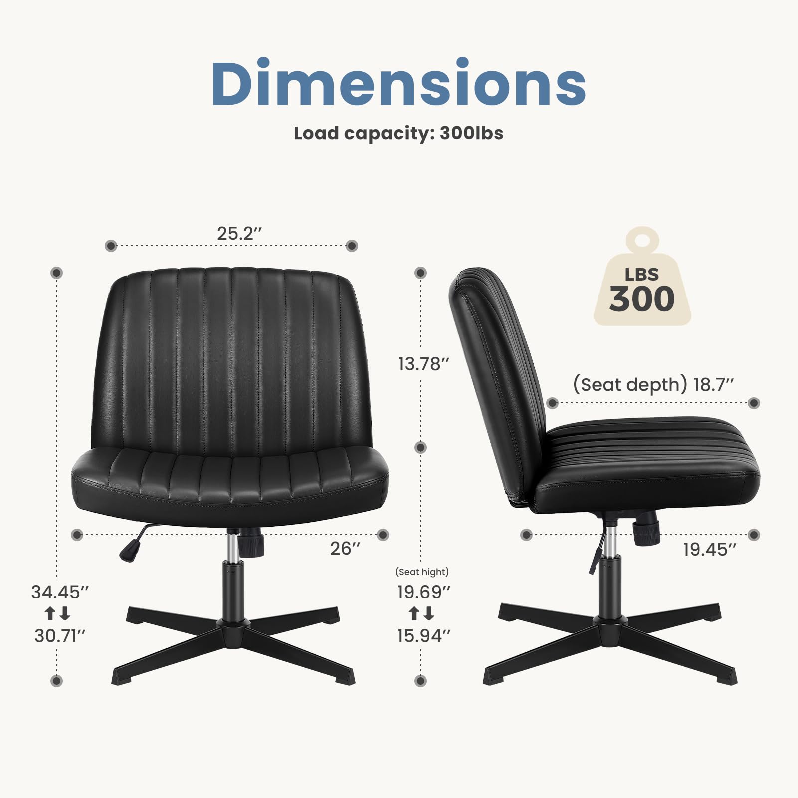 DUMOS Cross Legged Armless Wide Wheels, Modern Home Office Desk Swivel Adjustable Vanity Chair, Leather Black
