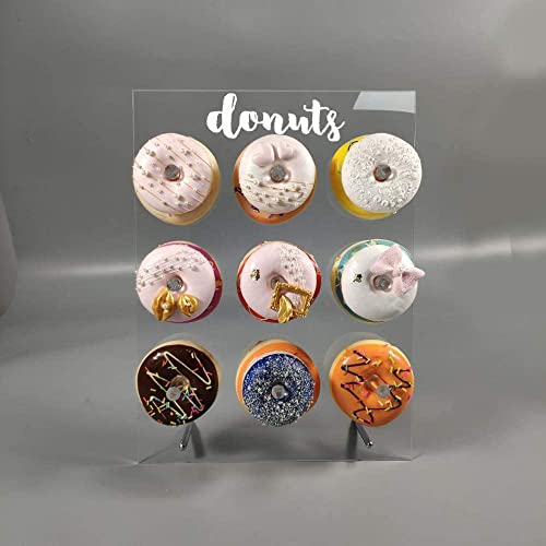 LUGUNU Reusable Acrylic Donut Wall Display Stand On Table, Crystal Clear Handmade Donut Holder for Baby Showers, Birthday, Holiday Gathering, Donut Party Decorations and More, 9 Pillars (Say Donuts)