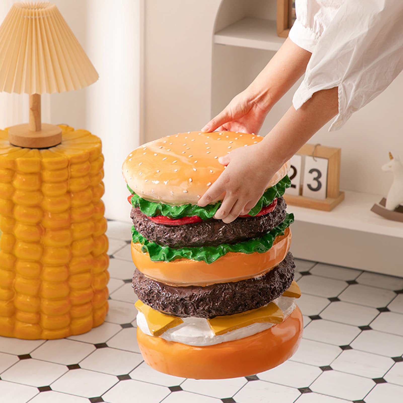 Mrisata Creative Small Stool Hamburger Shape Stool Corn Shape Stool Cute Stylish Hand Painted Shoe Changing Stool Foot Rest Stool for Kitchen for Living Room Bedroom Playroom