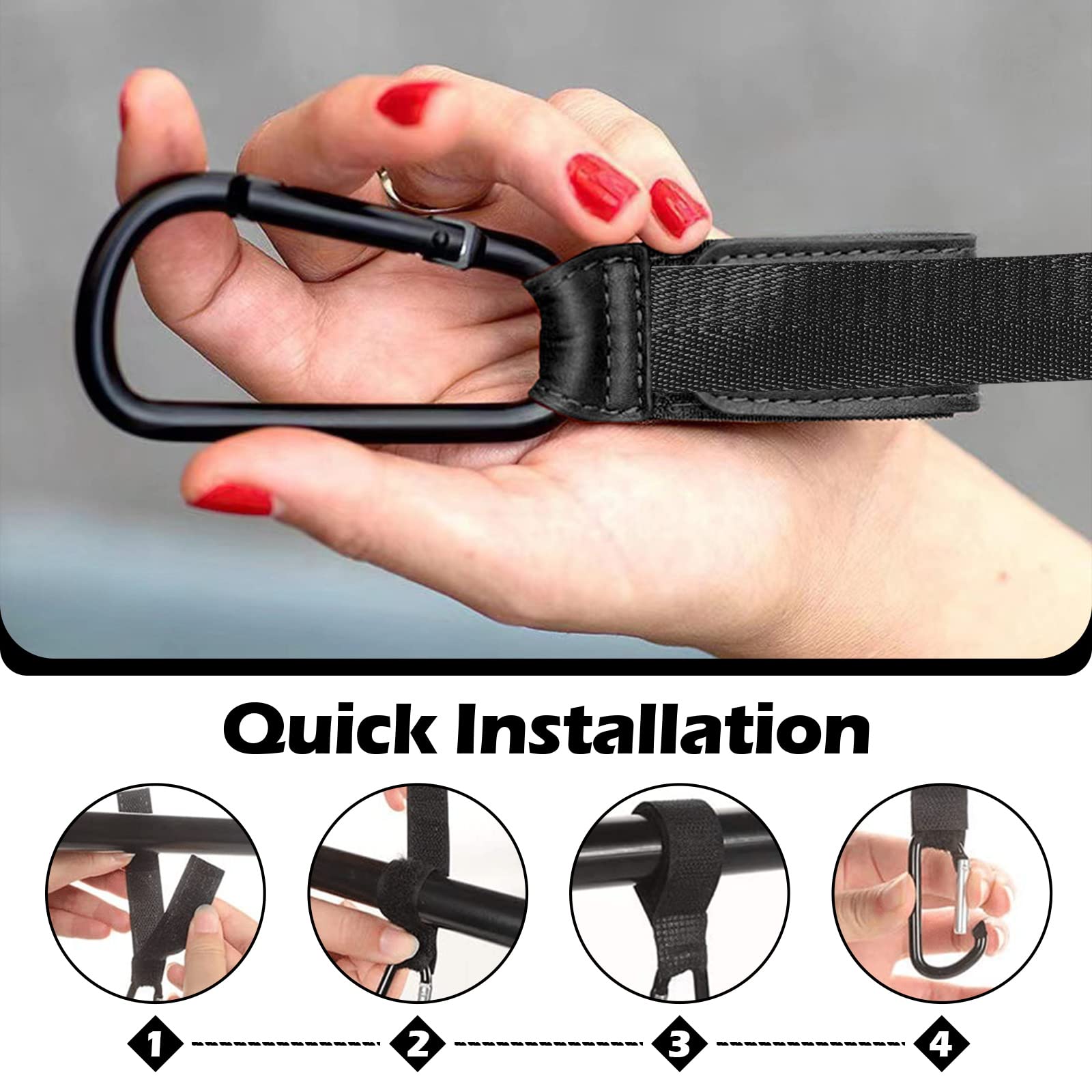 4Pcs Stroller Hooks, Heavy Duty Jogging Stroller Clips with Safety Wrist Strap, Universal Buggy Hooks, Pram Hook, Mommy Hooks for Hanging Diaper Bags and Purse (Black)