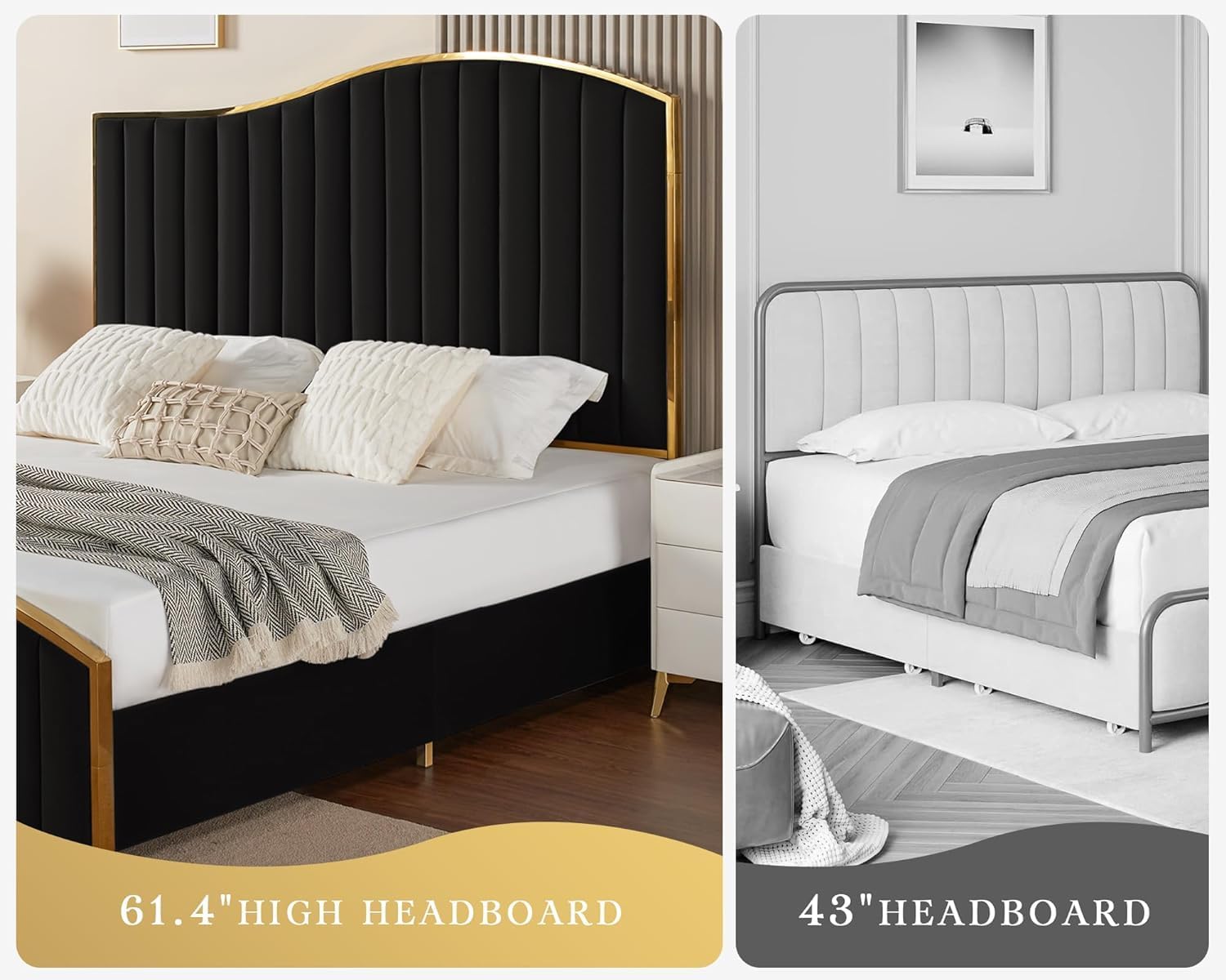 AMERLIFE Queen Size Bed Frame, 61.4" High Headboard Platform Bed Velvet Upholstered with Gold Trim & Footboard/Wooden Slats/No Box Spring Required/Black