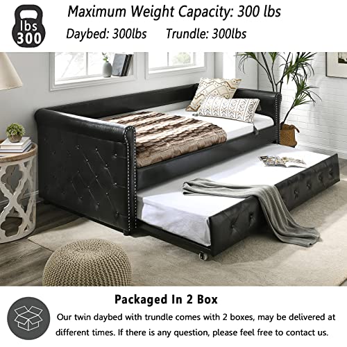 Antetek Daybed with Trundle, Twin Size Upholstered Daybed with A Trundle, Modern PU Leather Day Bed, No Box Spring Required, Sofa Bed for Bedroom, Living Room, Guest Room, Black
