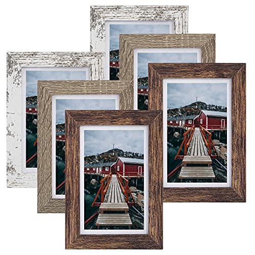 BEYAHELA Rustic 4x6 Picture Frame Set 6 Pack, White 4x6 Photo Frames with Mat, Distressed Wood Farmhouse Frame for Table Top Display Frames 4x6 for Wall Decoration with Real Glass&Hang nails (Mixed)