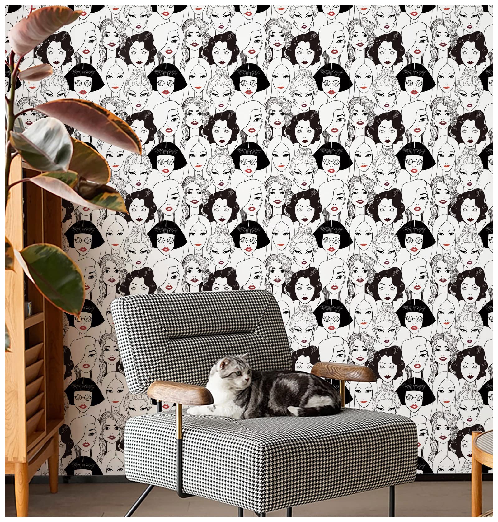 HAOKHOME Modern Peel and Stick Wallpaper Cool Ladies Black/White/Red Lips Removable Vinyl Self Adhesive Contactpaper 17.7in x 9.8ft