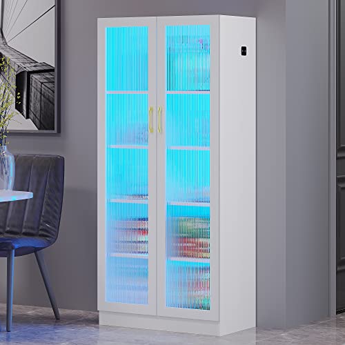 Dystler White Storage Cabinets Locker with 3 Color LED Lights,Modern Storage with Human Body Sensor Functionwardrobe Closet for Bedroom