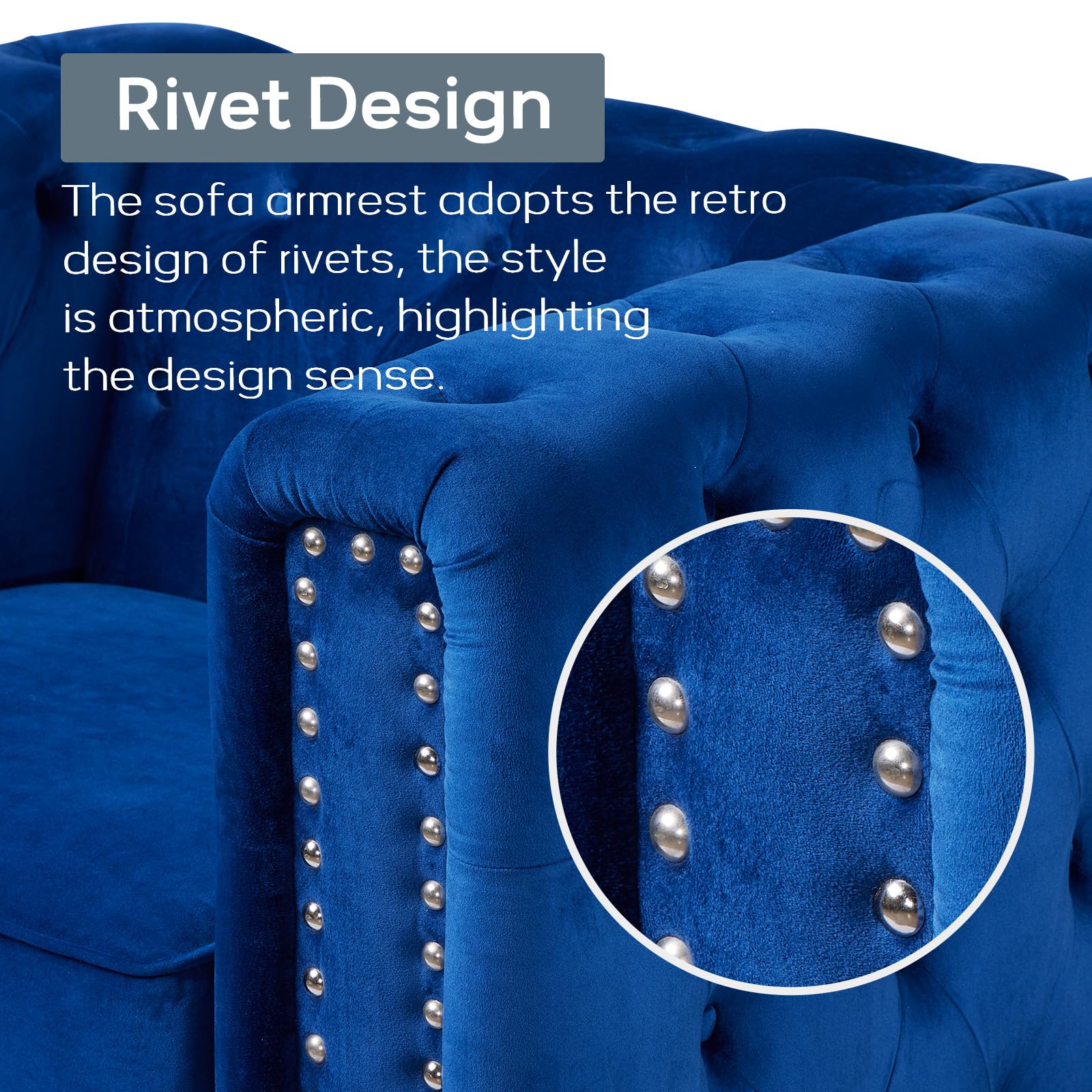 EBELLO Velvet Tufted Sofa, Modern Upholstered Mid-Century 3 Seater Couch Sofa with Thick Padded Seat Cushion and Solid Steel Feet, for Living Room, Bedroom, or Small Space, Blue