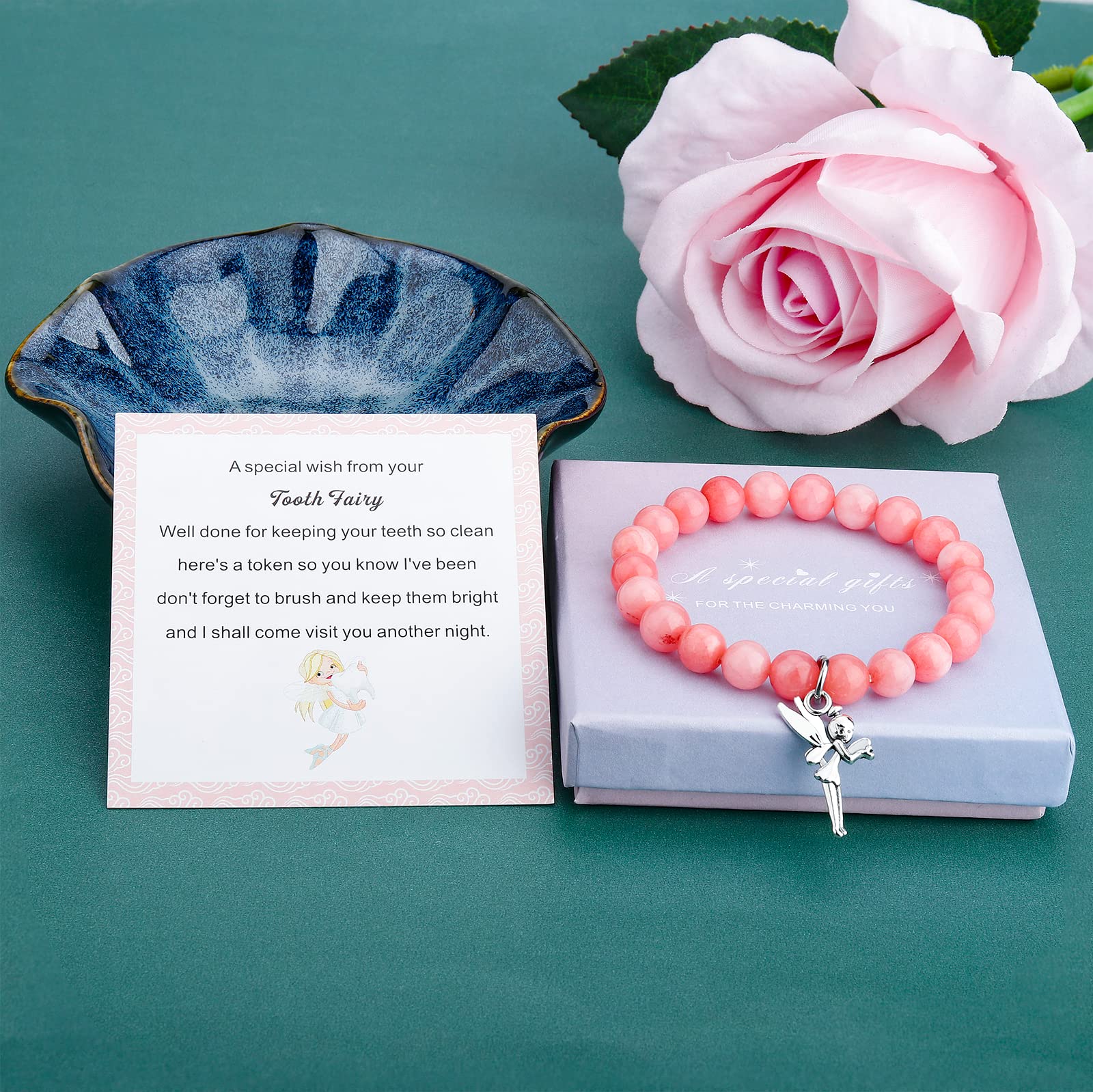ARHTF Tooth Fairy Bracelet Tooth Fairy Letter First lost Tooth Gift from Tooth Fairy Gift (Rose pink toothfairy)