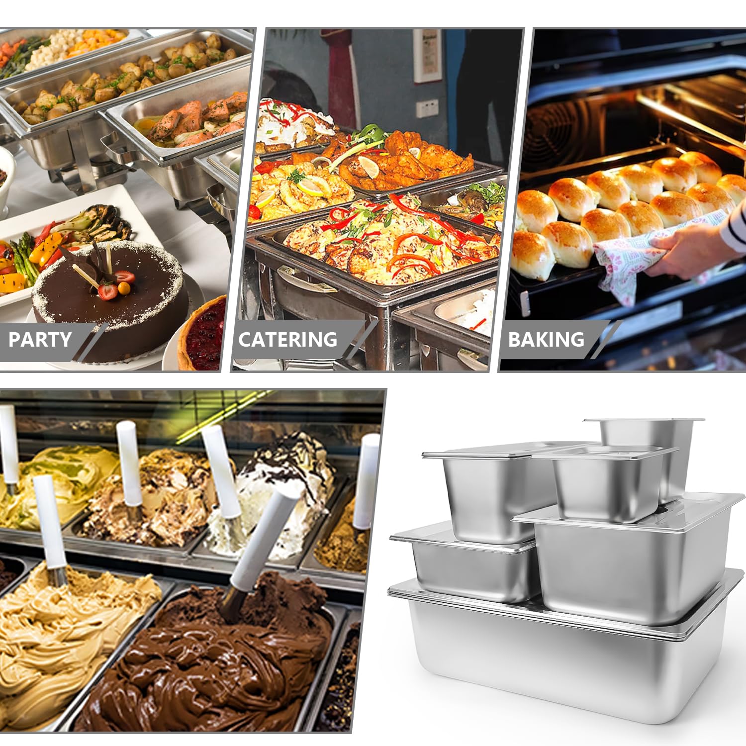 6 Set Stainless Steel Hotel Pans 1/6 Size 4 Inch Deep With Lids, Anti-Jam Chafing Steam Table Pans, Catering Food Storage Metal Pan