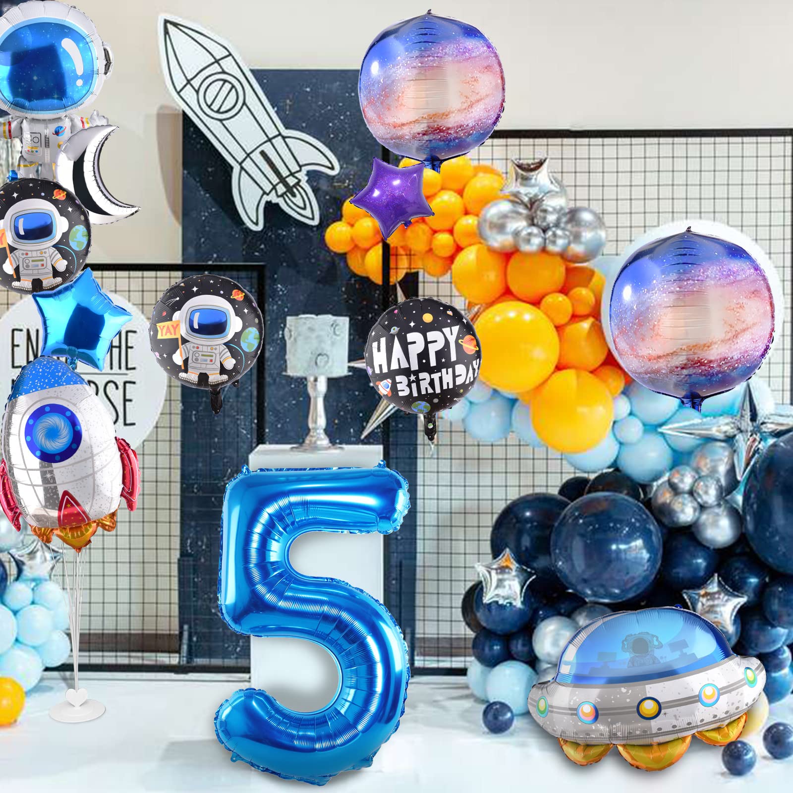 Beyton 11 PCS Space theme Birthday Party Decoration Astronaut Foil Balloons For 5th Outer Space Birthday Party Supplies (Blue-5th)