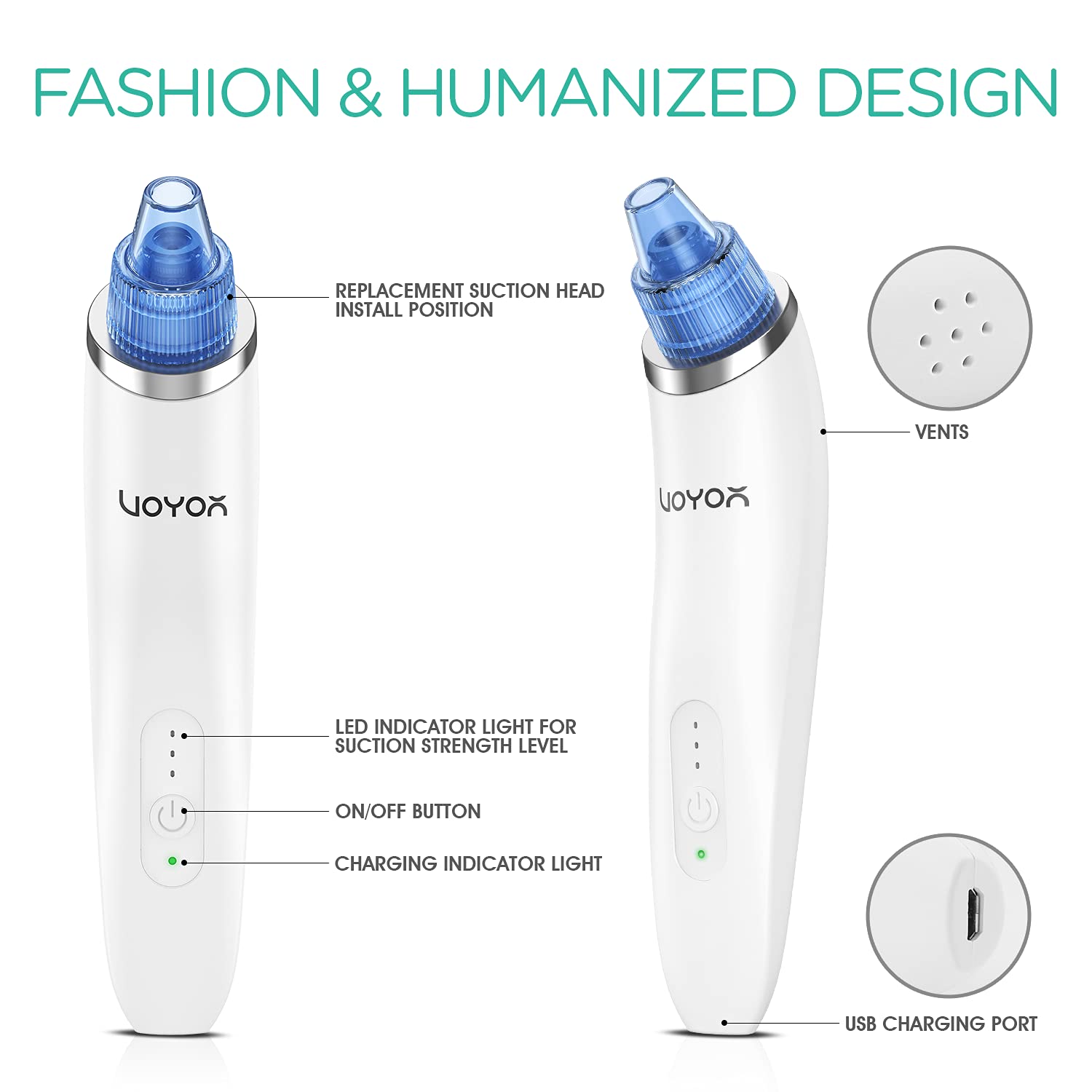 VOYOR Blackhead Remover Pore Vacuum - Electric Face Vacuum Pore Cleaner Acne White Heads Removal with 6 Suction Heads (BR410)