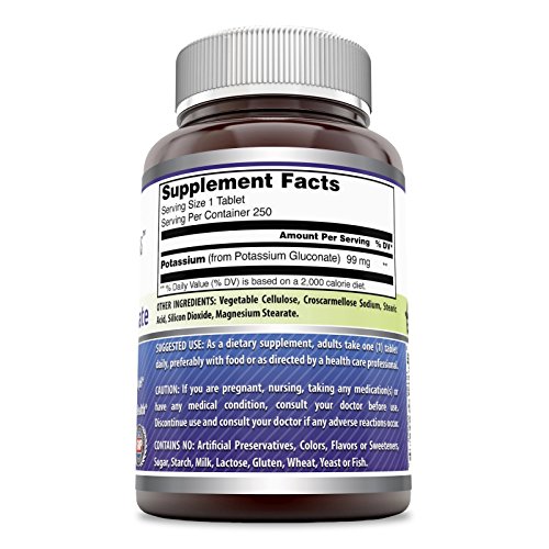 Amazing Formulas Potassium Gluconate 99 Milligrams - 250 Tablets (Non-GMO,Gluten Free) -Balances pH Levels - Supports Muscular Health