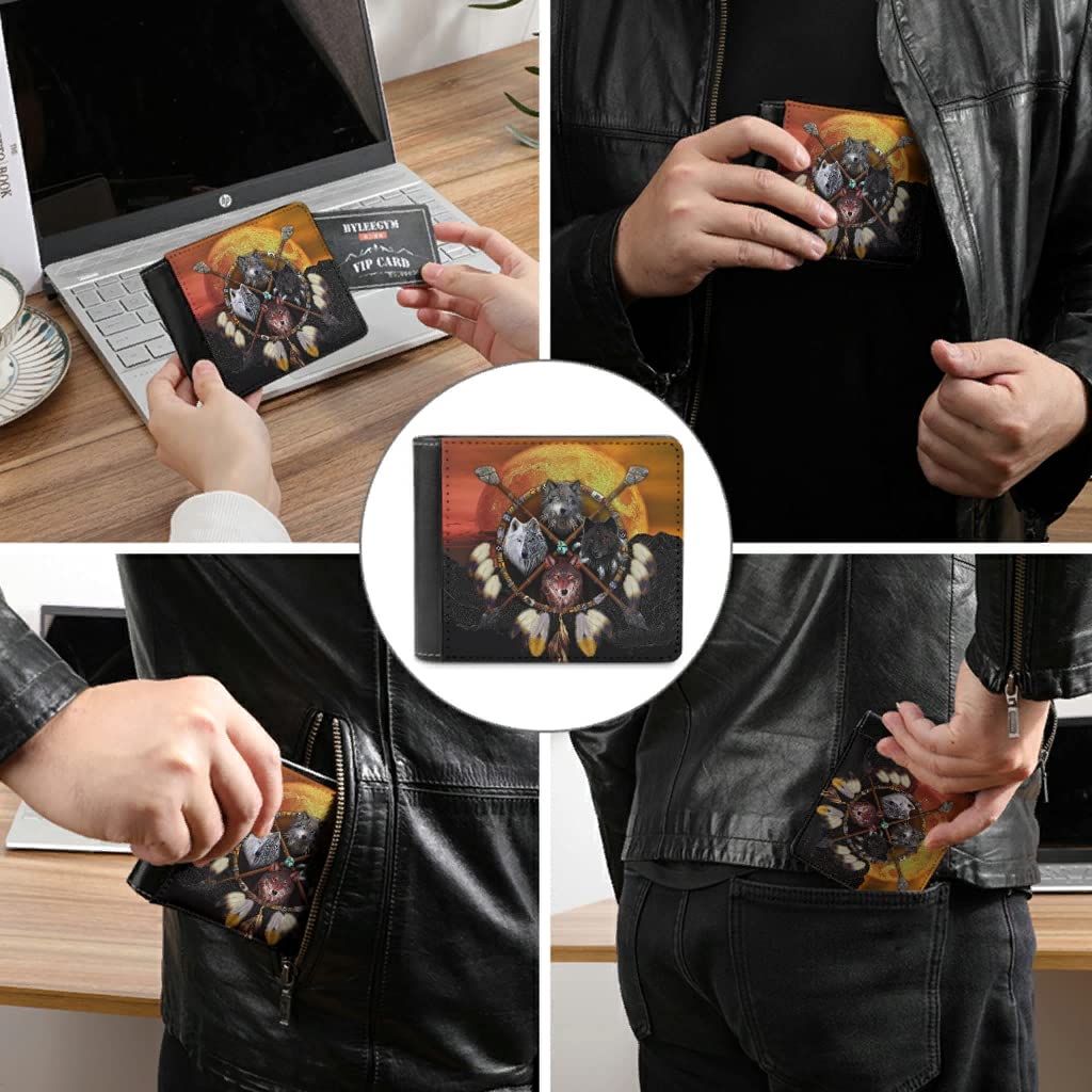Bhqcflkwpz Native American Wolf Dreamcatcher Bifold Wallet Slim Print Wallets ID Display for Work Business white One Size