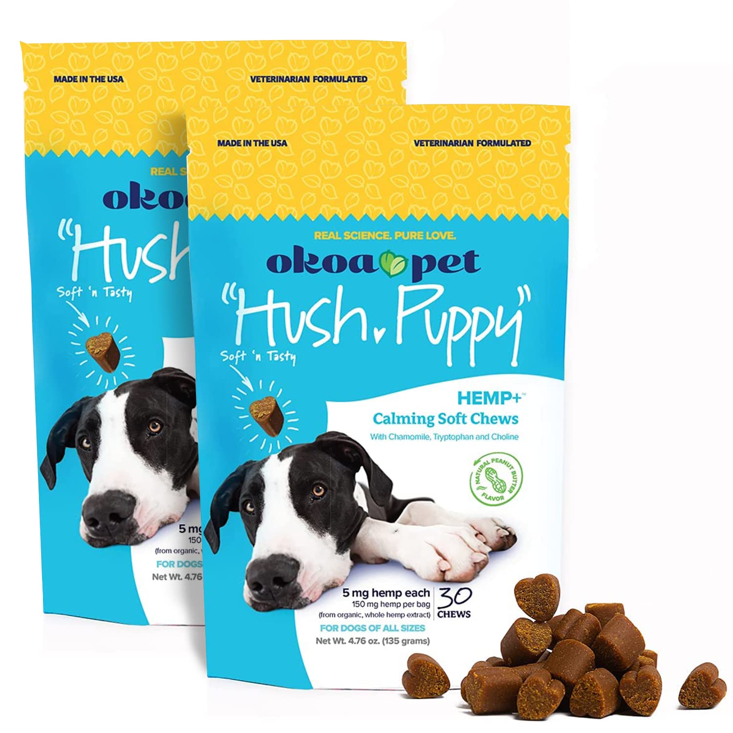 Okoa Pet "Hush Puppy Calming Dog Treats - Vet Formulated, Natural Peanut Butter Flavor Soft Chews - Anxiety Relief for Dogs with Hemp - Ideal for Separation, Travel, Fireworks - Made in USA (2 Pack)