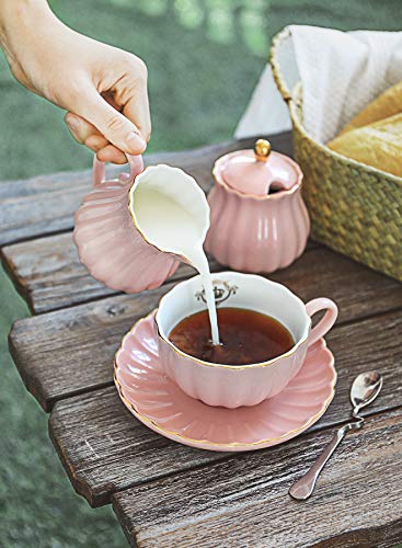 Amazingware Porcelain Tea Set - Tea Cup and Saucer Set Service for 6, with 28 oz Teapot Sugar Bowl Cream Pitcher Teaspoons and Tea Strainer - for Thanksgiving - Pumpkin Fluted Shape, Pink