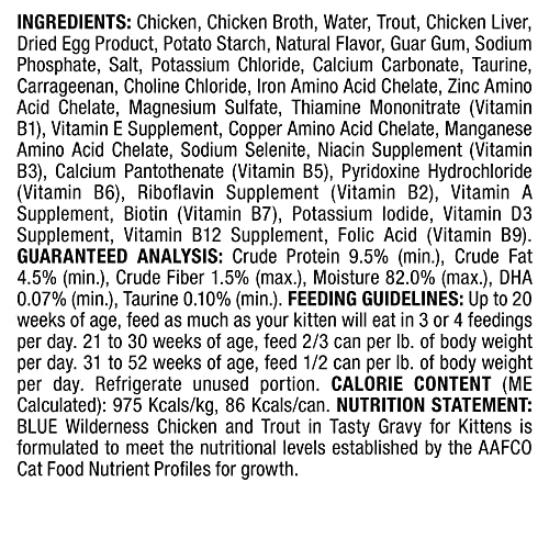 Blue Buffalo Wilderness Wild Delights High Protein Grain Free, Natural Kitten Flaked Wet Cat Food, Chicken & Trout 3 oz cans (Pack of 24)
