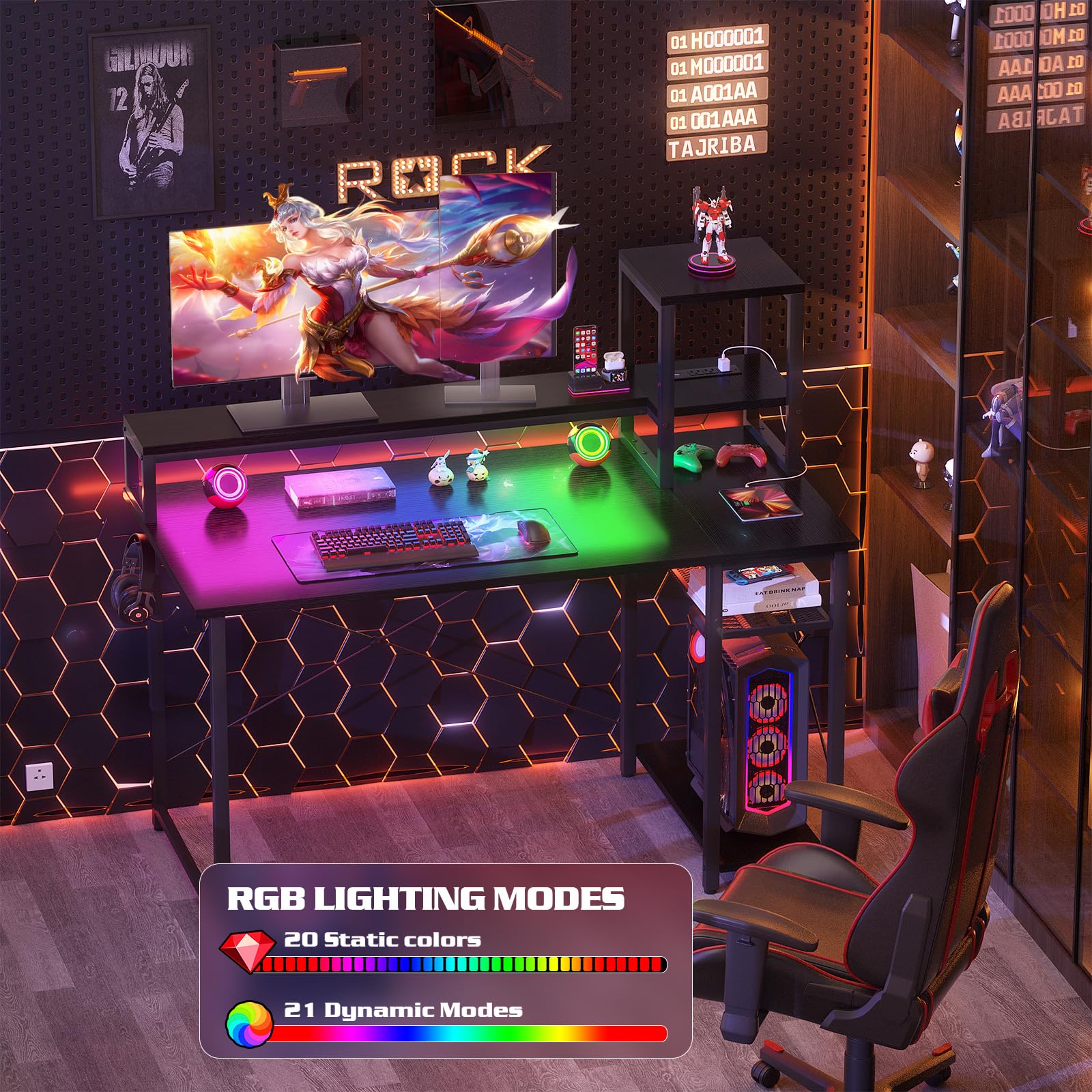 armocity 2024 Upgrade Gaming Desk with LED Lights, Small Computer Desk with Long Monitor Stand, 40'' Reversible Laptop Table with Storage Shelves, Small Desk for Small Spaces, Gaming Room, Black