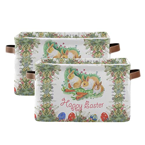 ALAZA Happy Easter Bunny Rabbit Egg Floral Foldable Storage Box Storage Basket Organizer Bins with Handles for Shelf Closet Living Room Bedroom Home Office 2 Pack