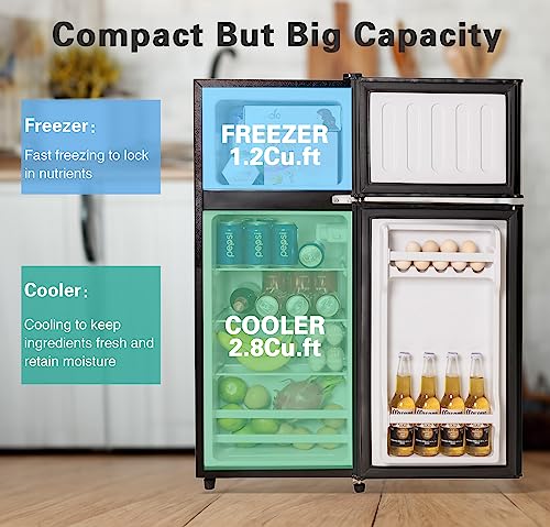 Anukis Compact Refrigerator 4.0 Cu Ft 2 Door Mini Fridge with Freezer For Apartment, Dorm, Office, Family, Basement, Garage, Black