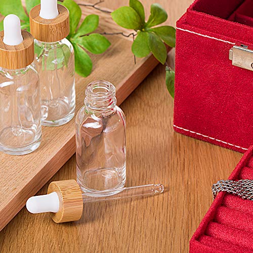 JHCFillé 1oz (30ml) Dropper Bottles, Clear Glass Boston Round Bottle with Bamboo Glass Eye Dropper, Tincture Bottles with Dropper, 6 Pack