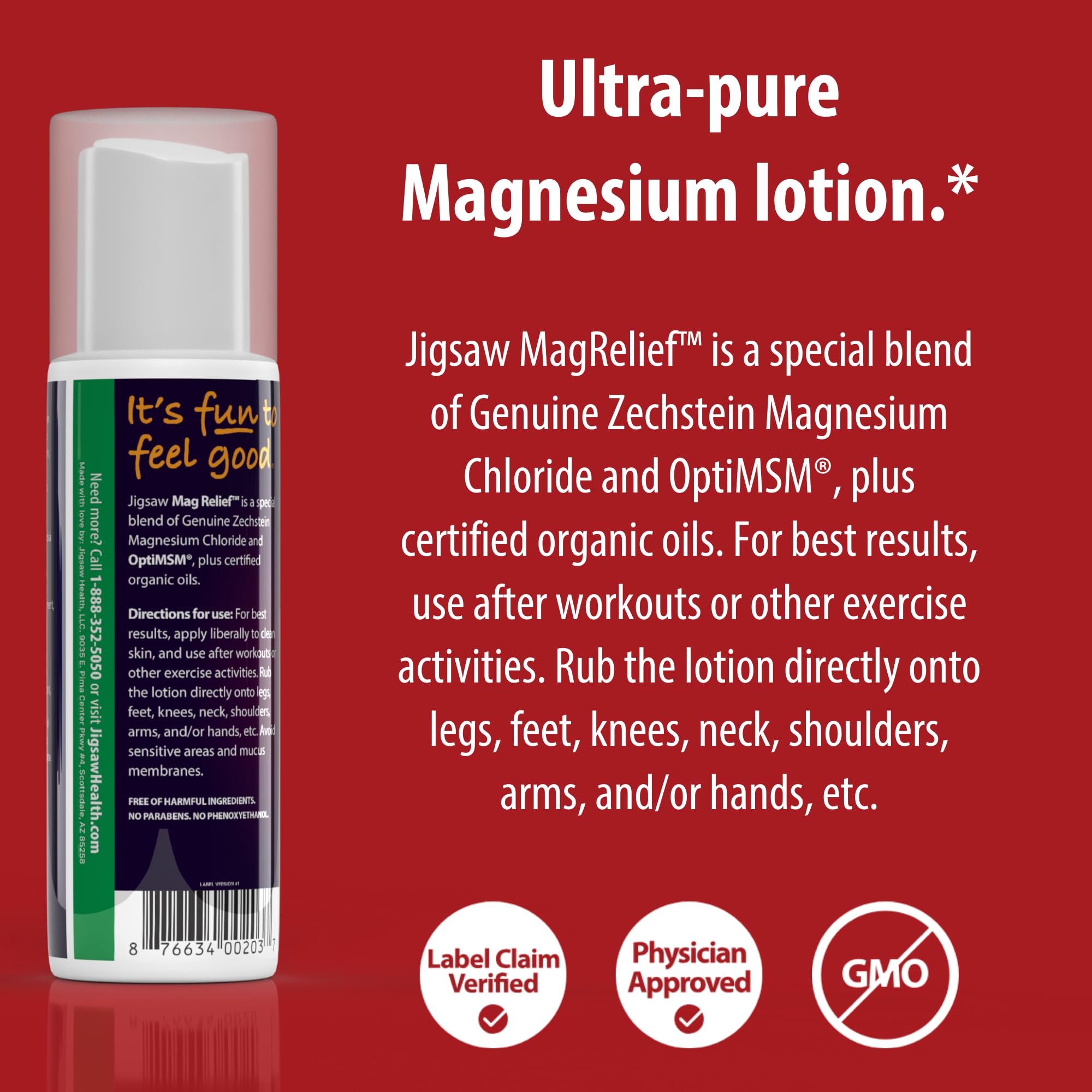 Jigsaw Health MagRelief | Ultra Pure Magnesium Lotion | with Zechstein Magnesium Chloride and OptiMSM | Fragrance Free | 5 Ounces