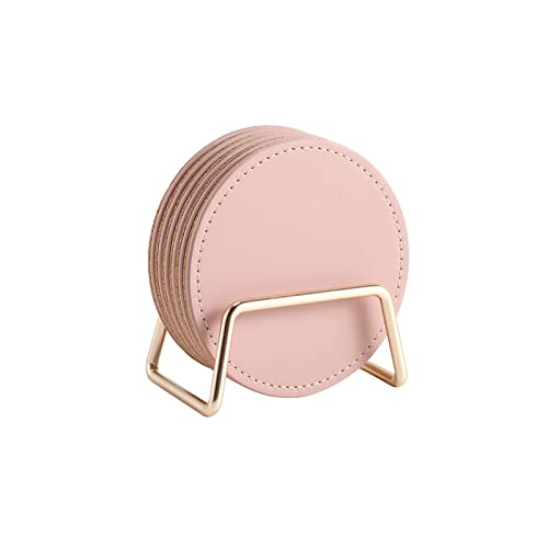 6 Pcs Drink Coasters with Holder, 3 Colors Absorbent Coasters for Drinks, Minimalist Coaster Set for Home Decor Tabletop Protection Suitable for Kinds of Cups, 3.9 Inches(Pink)