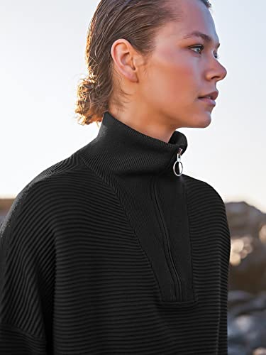 ANRABESS Women's Sweater Oversized Quarter Zipper Casual Long Sleeve Collar High Neck Ribbed Knit Loose Fit Half Zip Tunic Pullover 2023 Fashion Fall Outfits Tops 802heise-XL Black
