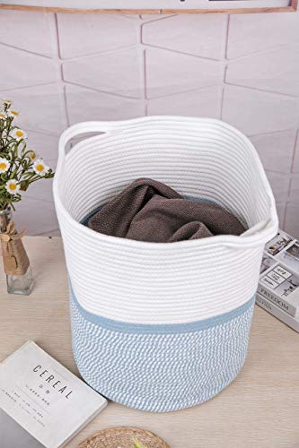 M Size Blue White Laundry Basket with Handles Toy Basket Clothes Hamper Home Decor Basket Towel Storage Woven Blanket Basket Cotton Rope Decorative Blanket Basket,Environmental Protection Material